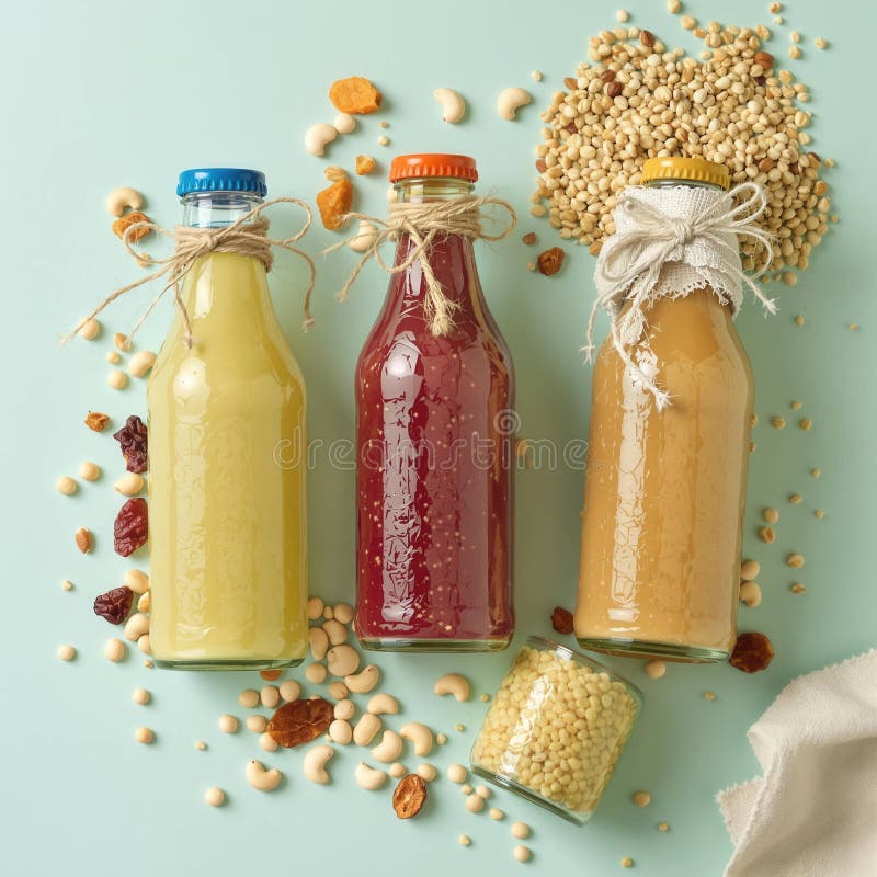 Three Bottles of Juice are on a Table with Nuts and Beans Stock ...