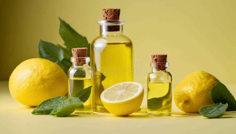 Three Bottles of Lemon Oil with Lemons and Leaves Stock Illustration ...