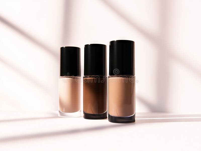 Three Bottles of Liquid Foundation Sitting on a White Surface Stock ...