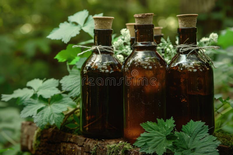 Three Bottles of Liquid on a Tree Stump, Suitable for Nature and ...