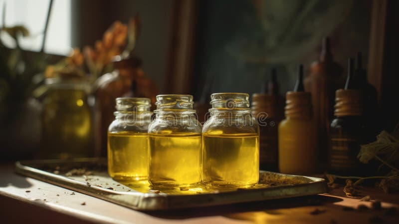 Three Bottles of Oil Sit on a Tray on a Table Stock Illustration ...