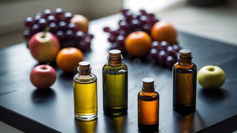 Three Bottles of Oil are on a Table with a Bunch of Fruit Stock Image ...
