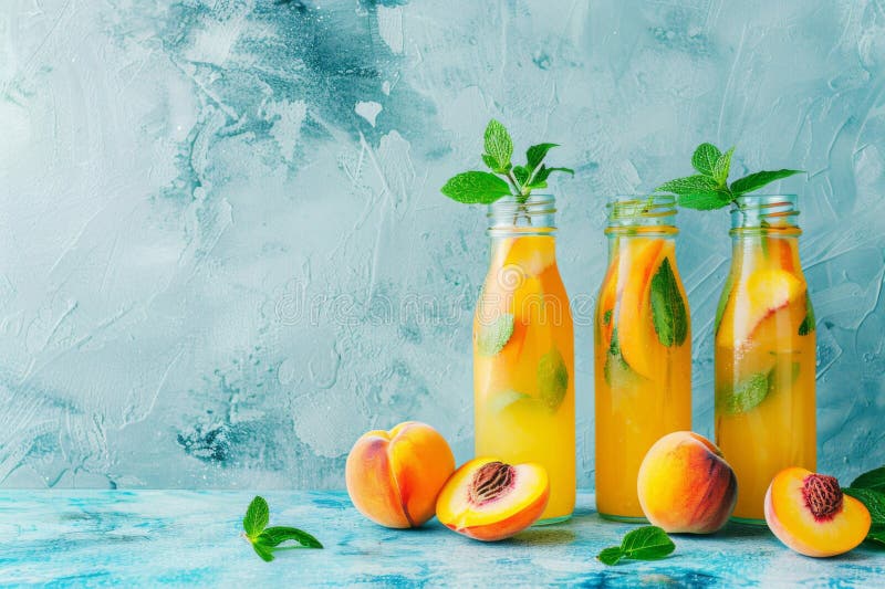 Three Bottles of Peach Juice with Mint Leaves and Peaches on a Blue ...