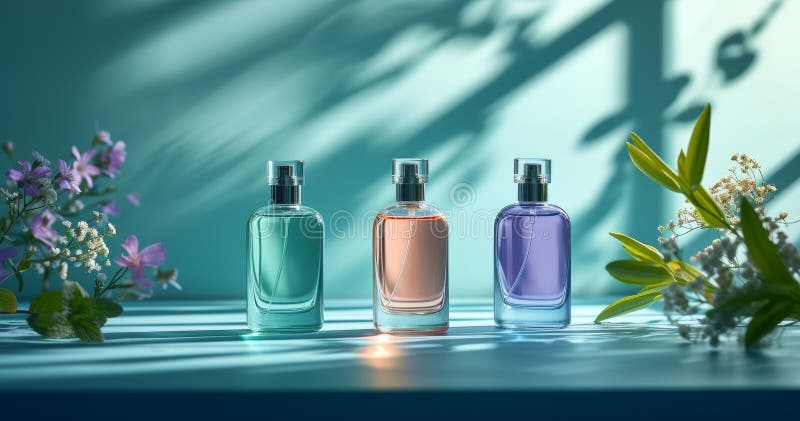 Three Bottles of Perfume on a Blue Surface Stock Photo - Image of ...