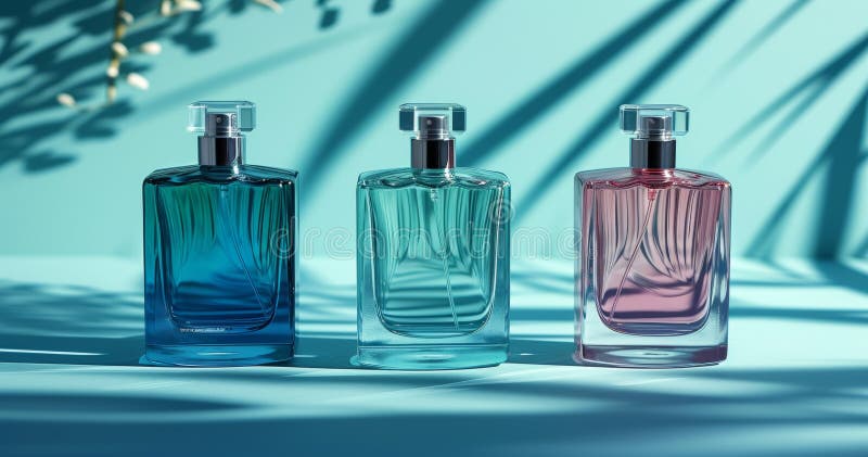 Three Bottles of Perfume on a Blue Surface Stock Photo - Image of smell ...
