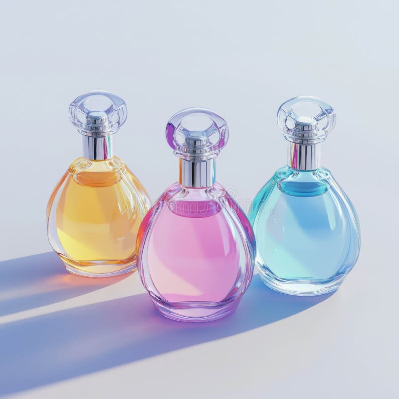 Three Bottles of Perfume in Different Colors with Light Reflection ...