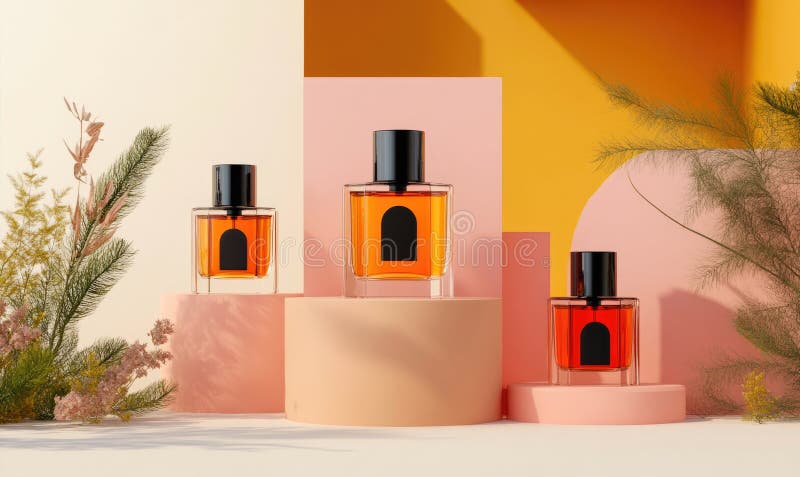 Three Bottles of Perfume are Displayed on a Pedestal Stock Image ...