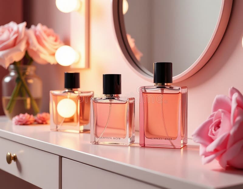 Three Bottles of Perfume on a Pink Vanity Stock Illustration ...