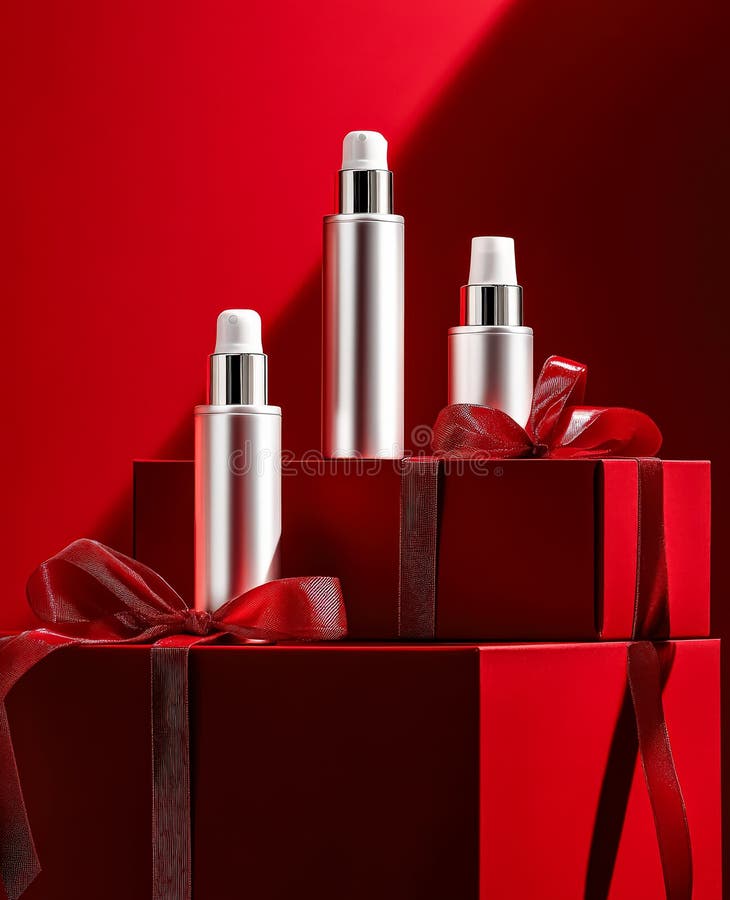 Three Bottles of Perfume are on Top of a Red Box Stock Image - Image of ...