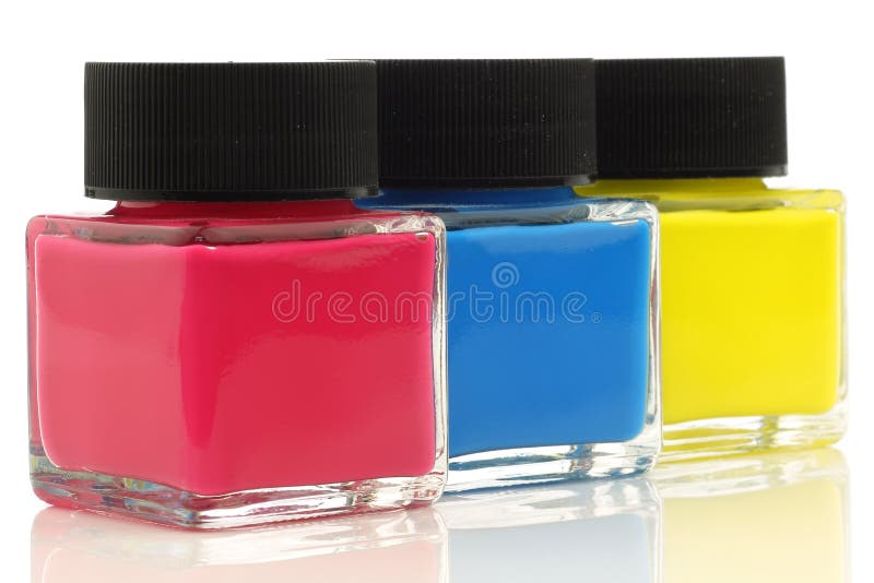 Three Bottles with the Primary Colors Paint Stock Photo - Image of ...