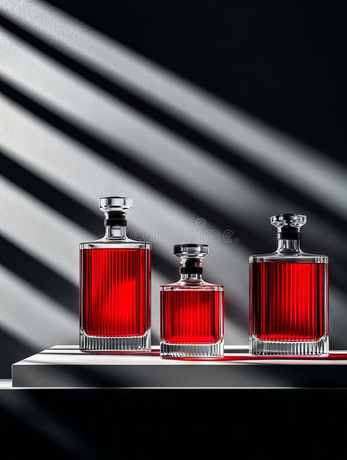 Three Bottles of Red Liquid Sitting on Top of a Table Stock Image ...