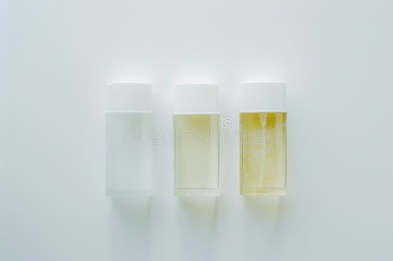 Three Bottles, Two Filled with a Clear Liquid and One Filled with a ...