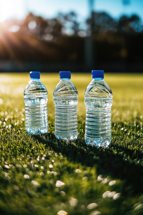 Three Bottles of Water are Sitting on a Green Field Stock Photo - Image ...