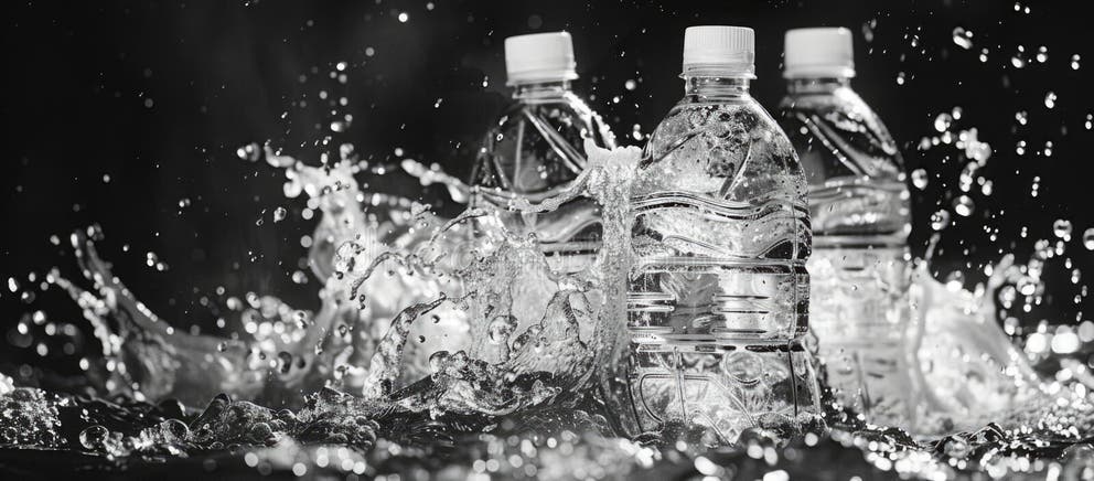 Three Bottles of Water Splashing on a Table. Suitable for Hydration or ...
