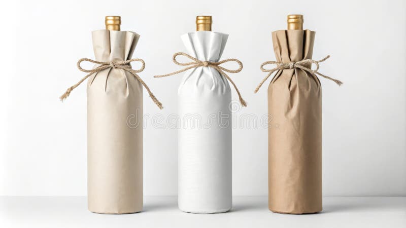 Three Bottles of Wine with Brown Paper Wrapping and a White Label Stock ...