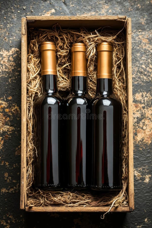 Three Bottles of Wine in a Wooden Box on a Table Stock Photo - Image of ...