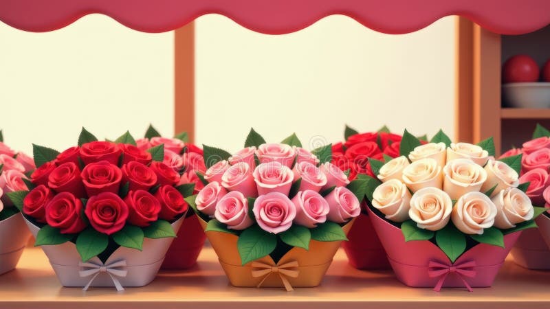 Three Bouquets of Roses in a Shop Display Stock Illustration ...