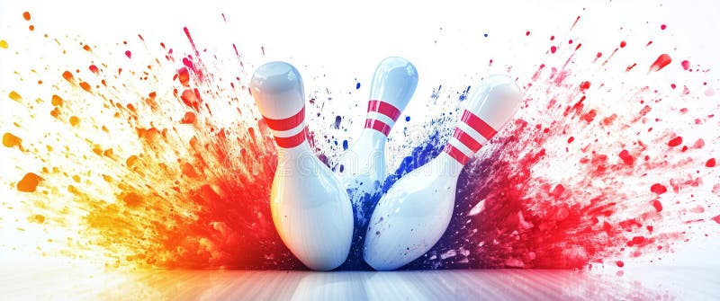 Three Bowling Pins Surrounded by a Burst of Red and Blue Paint Stock ...