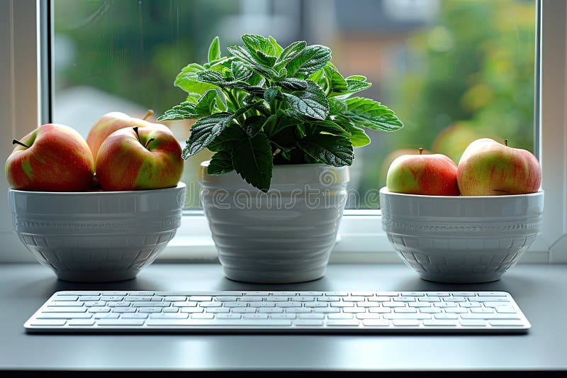 Three Bowls of Apples are Placed on a Keyboard in Front of a Window ...