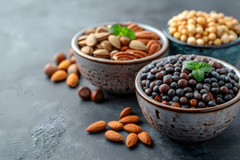 Three Bowls of Assorted Nuts and Beans, Natural Foods on Display Stock ...