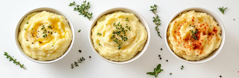 Three Bowls Delicious Creamy Mashed Potatoes High Quality Image Stock ...