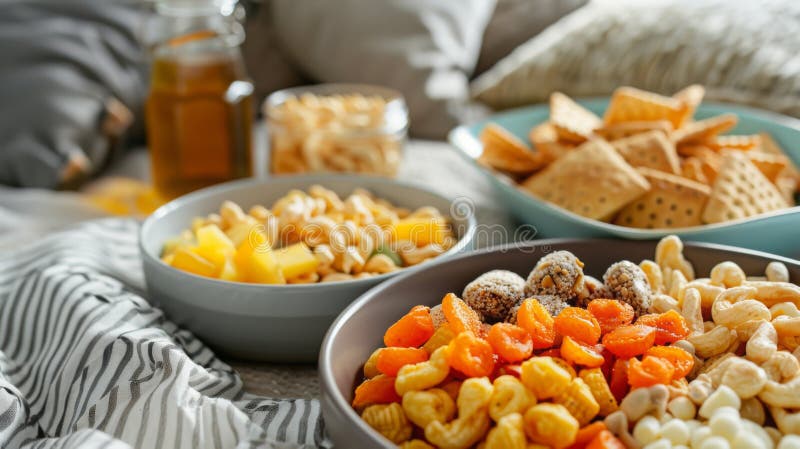 Three Bowls Filled with Different Types of Snacks Stock Photo - Image ...