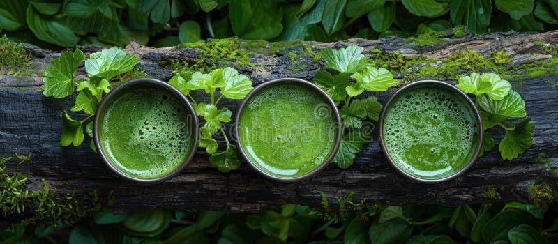 Three Bowls Filled with Green Liquid on Tree Branch Stock Image - Image ...