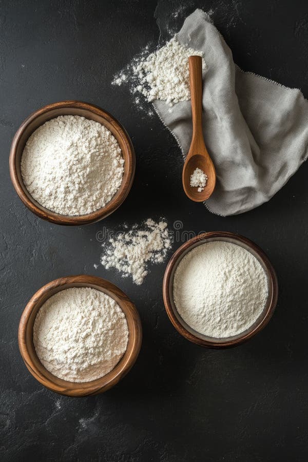 Three Bowls of Flour are on a Table with a Spoon in the Middle Stock ...