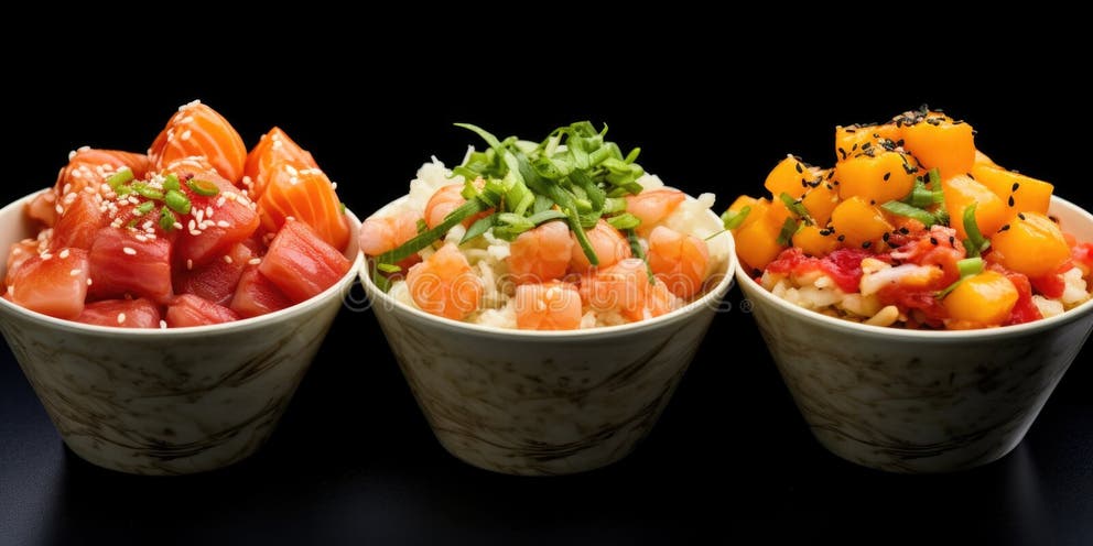 Three Bowls of Food, Each with a Different Type of Seafood Stock Photo ...