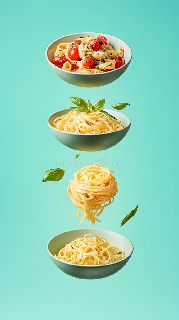Three Bowls of Pasta Floating in Mid-air. Stock Photo - Image of food ...