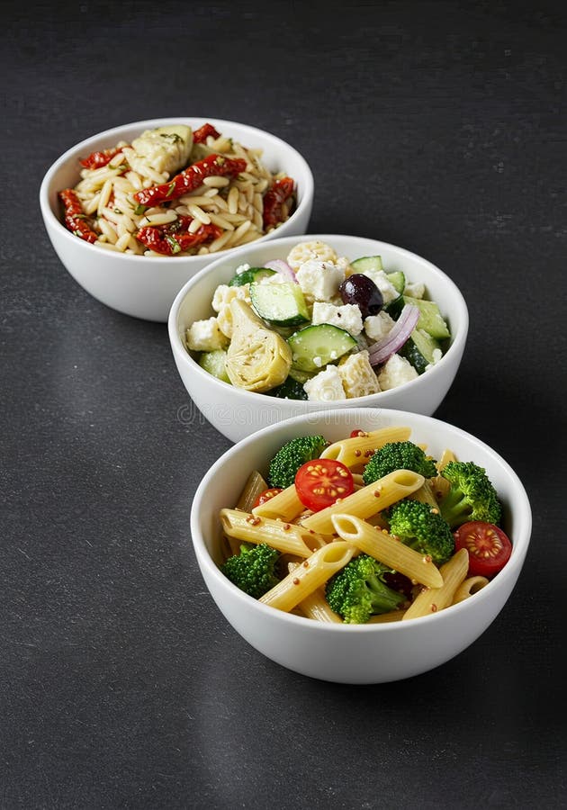 Three Bowls of Pasta and Salad on Dark Background Stock Illustration ...