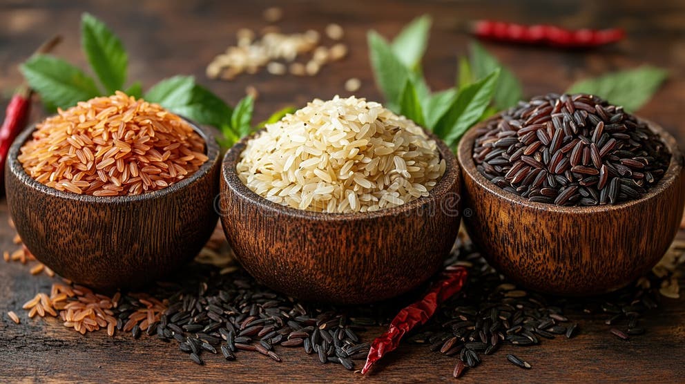 Three Bowls of Rice Varieties Displayed on a Dark Wooden Surface Stock ...