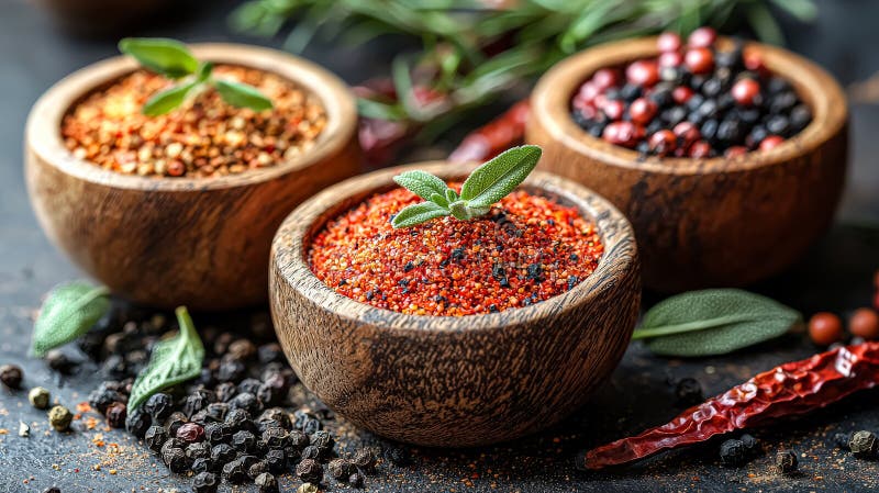 Three Bowls of Spices are on a Table with a Green Leaf in the Middle ...