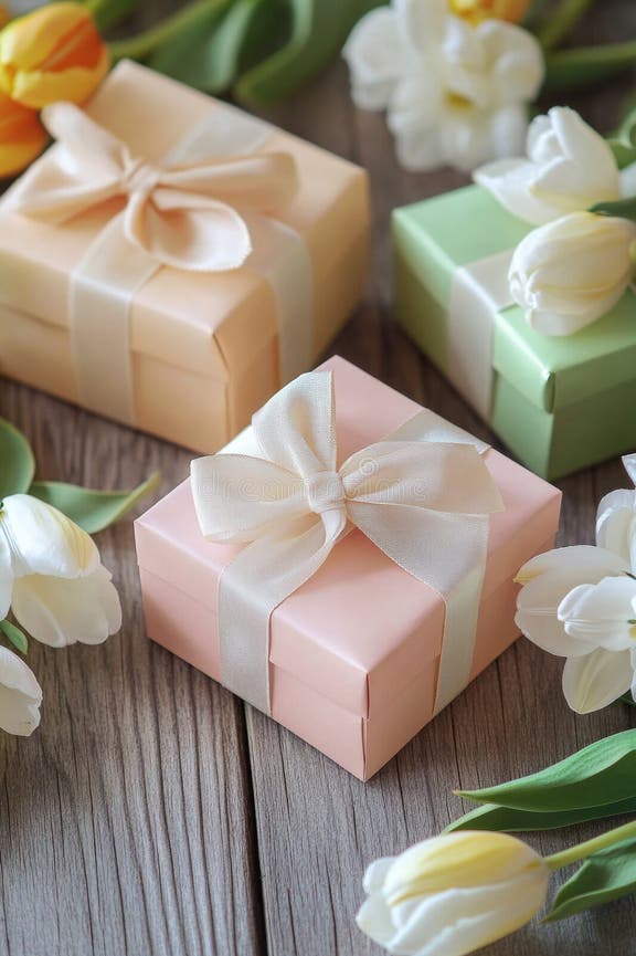 Three Boxes of Different Colors with Bows on Them are Placed on a ...