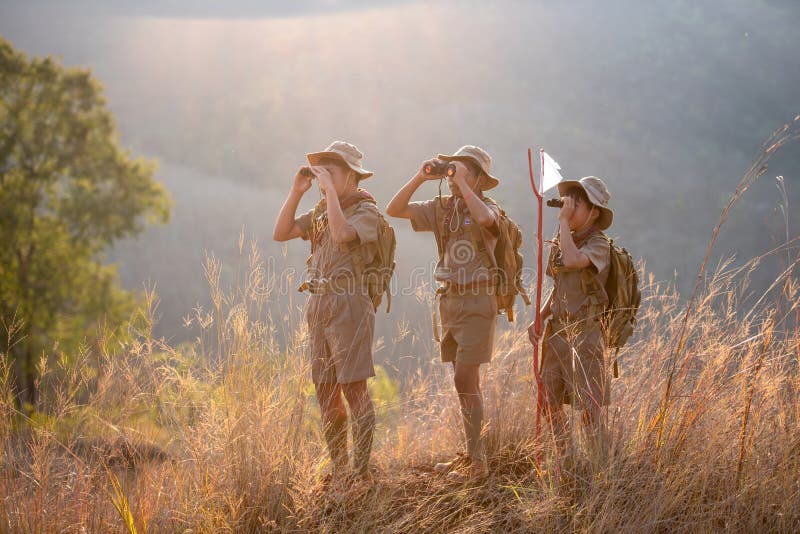 Three Boy Scouts Exploring Nature Stock Image - Image of boys, front ...