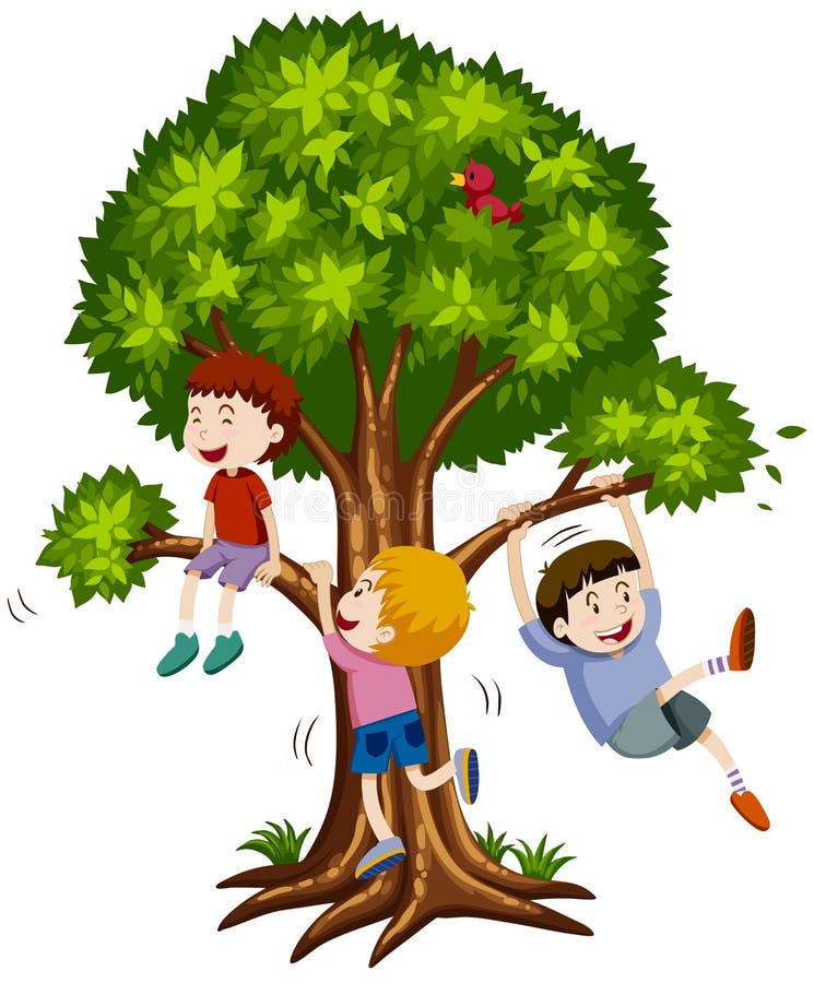 Three Boys Climbing the Tree Stock Vector - Illustration of drawing ...