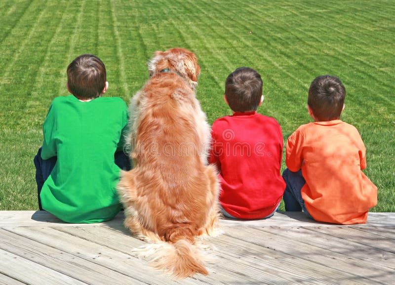 Three Boys and a Dog stock image. Image of animal, friendship - 4934943