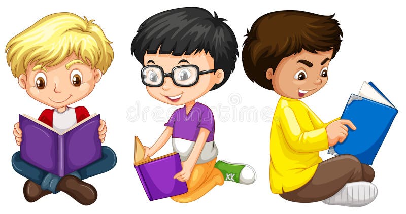 Three boys reading books stock vector. Illustration of drawing - 243221801