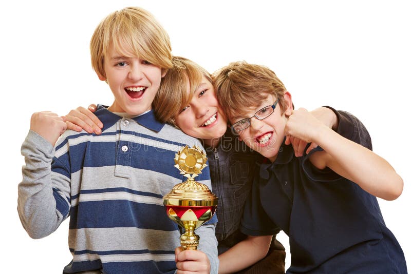 Three Boys with Trophy Cheering Stock Image - Image of laughing, people ...