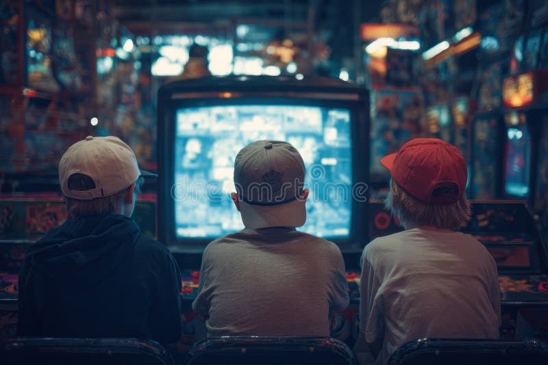 Three Boys, Wearing Caps, Sit in an Arcade and Focused Stock ...