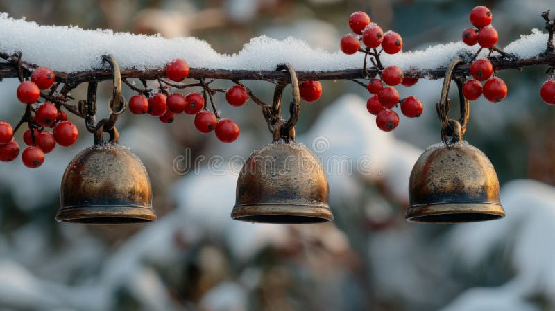 Three Brass Bells Hanging from a Snowy Branch with Red Berries Stock ...
