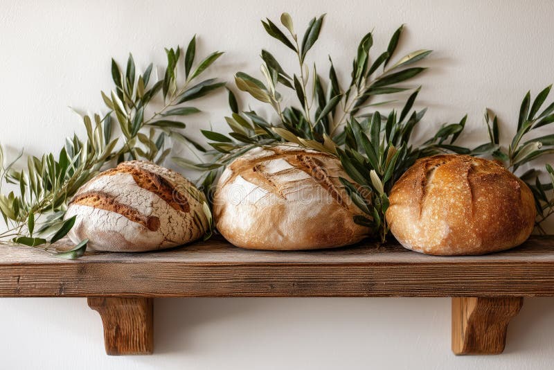 Three Bread Loaves with Olive Branches on Rustic Wooden Stock ...