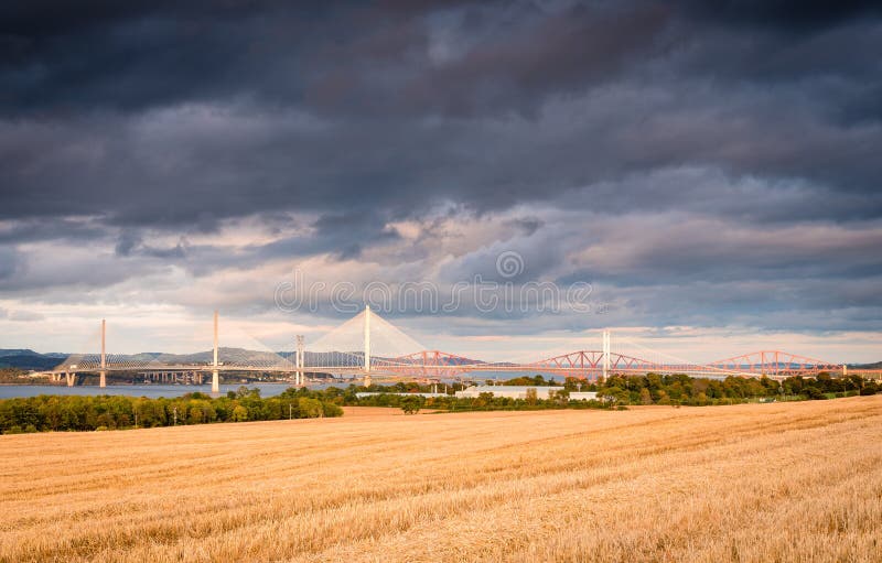 Three Bridges Over Firth of Forth Stock Photo - Image of road, autumn ...