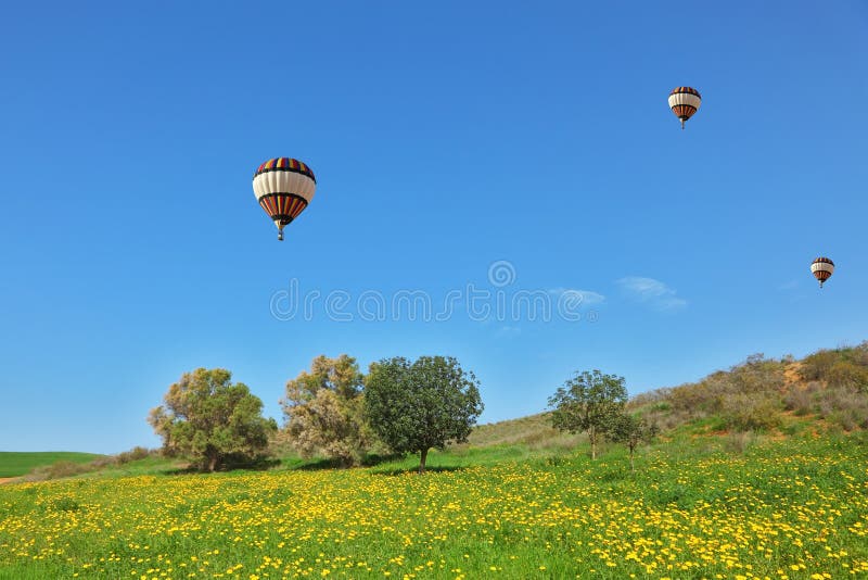 Three Balloons Flying Over the Field Stock Photo - Image of season ...