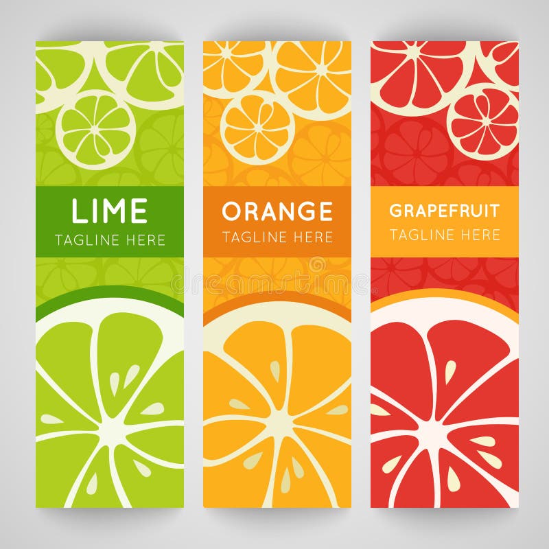 Three Bright Banner with Stylized Citrus Fruit and Splashes Stock ...