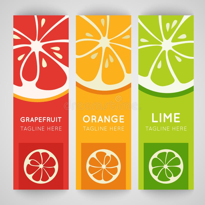 Three Bright Banner with Stylized Citrus Fruit and Splashes Stock ...