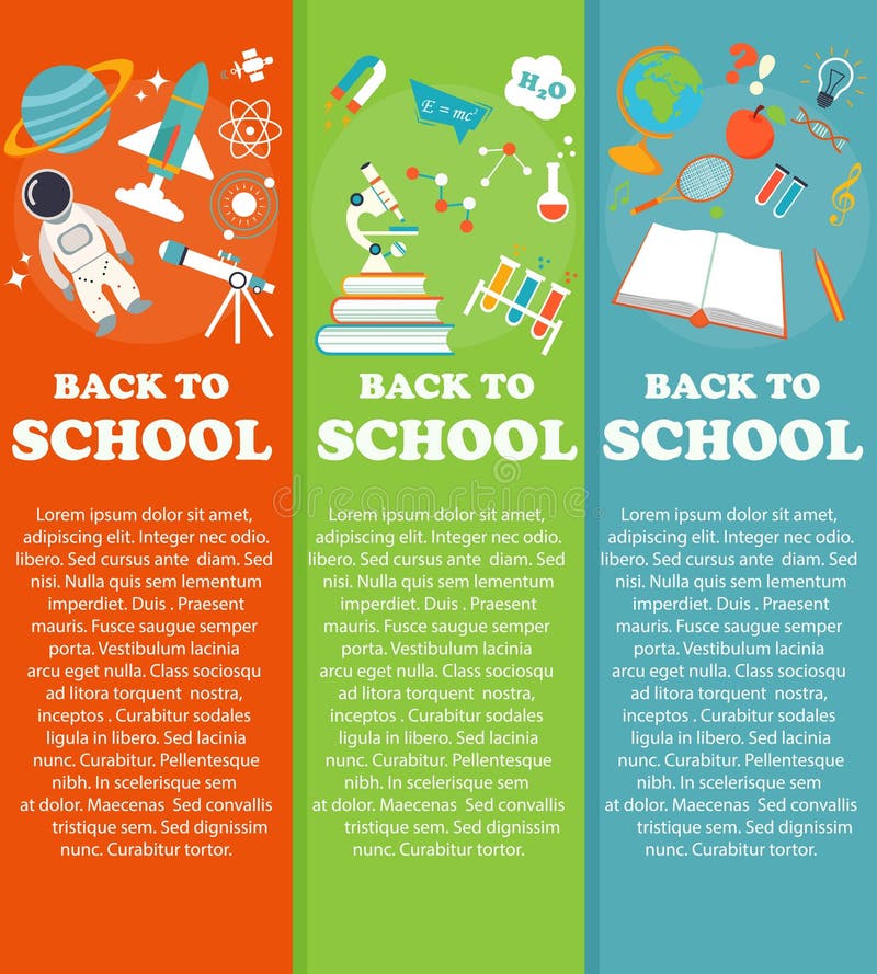 Three Bright Banners with School Supplies Symbols. Stock Vector ...