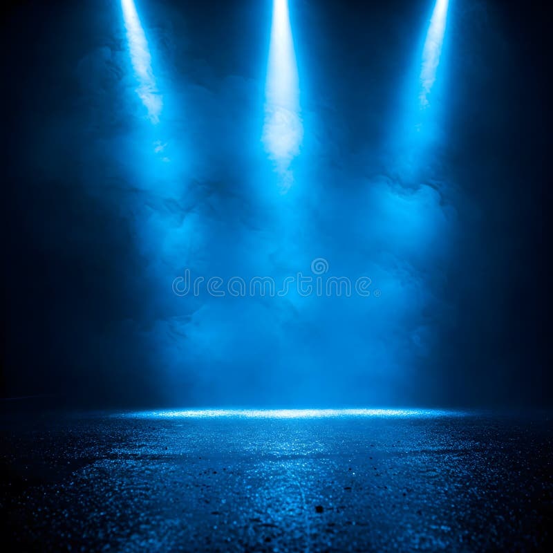 Three Bright Blue Spotlights Shine Down on a Dark, Textured Floor with ...
