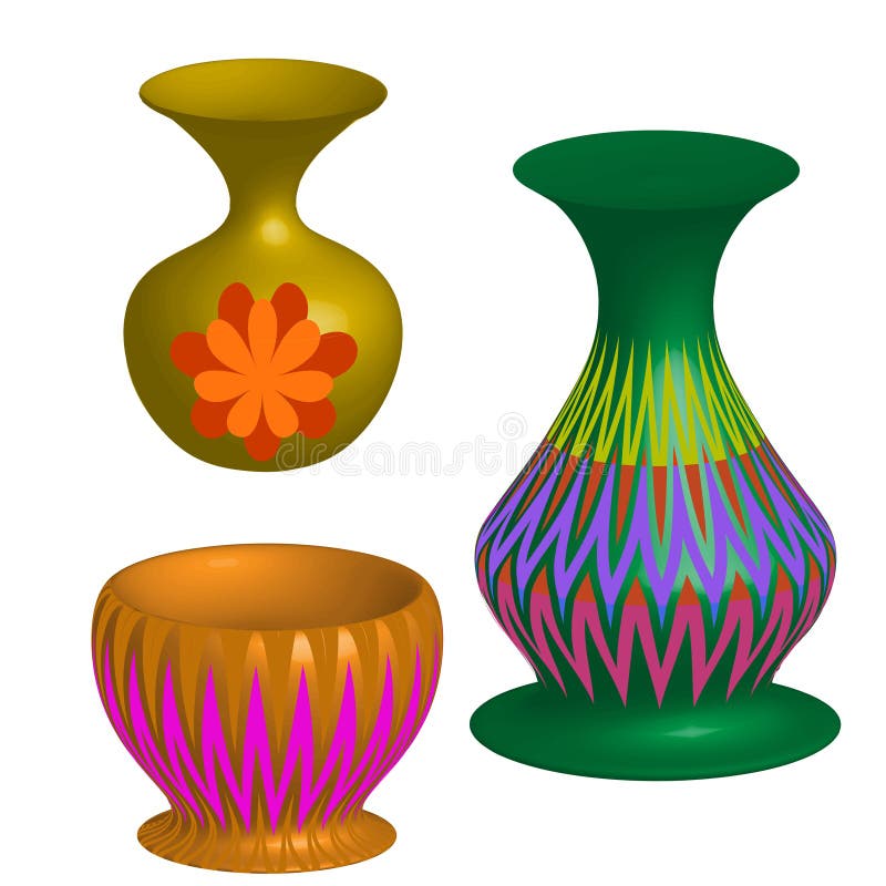 Three Bright Colored Vases with Ornaments Stock Vector - Illustration ...