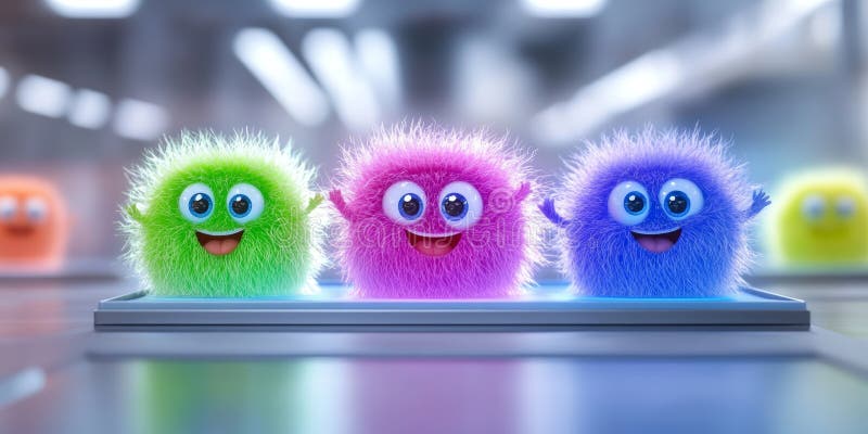 Three Bright and Fluffy Characters with Large Eyes Display Cheerful ...
